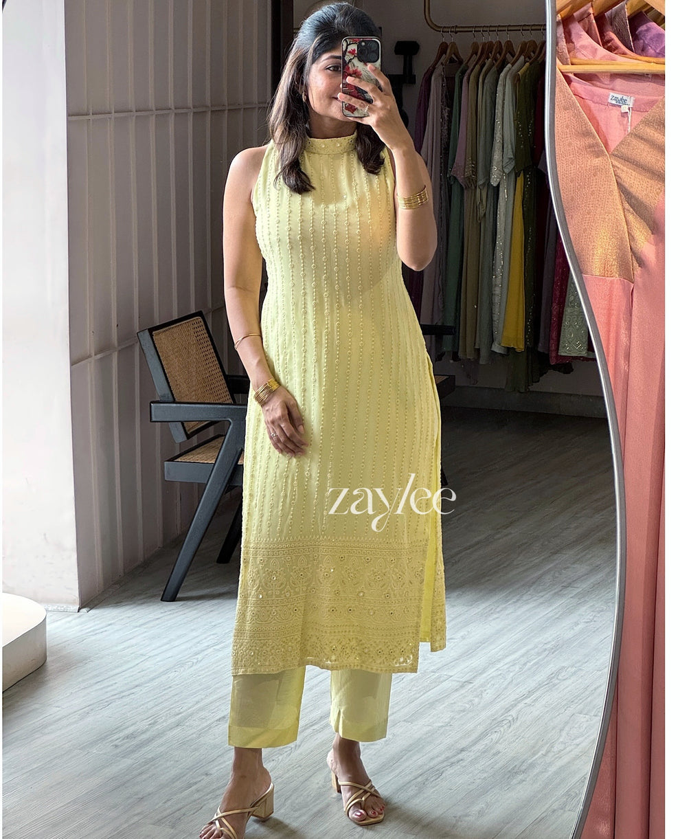 Butter Yellow Chikankari Slit Kurta – Zaylee Designs